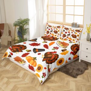 Thanksgiving Decor Bedding Duvet Cover Set Full Size Cute Turkey Bedding Set for Kids Decor Fall Pumpkin Comforter Cover Set Microfiber Pumpkin Maple Leaf Bedspread Cover Bedroom Bedclothes