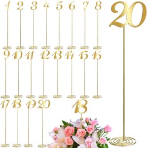 therwen 20 pcs metal table numbers 1-20 table numbers for wedding reception 12 inch stainless steel party table number with sturdy holder base for banquet wedding party event catering (gold)