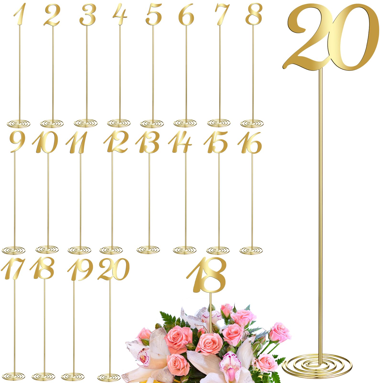 Therwen 20 Pcs Metal Table Numbers 1-20 Table Numbers for Wedding Reception 12 Inch Stainless Steel Party Table Number with Sturdy Holder Base for Banquet Wedding Party Event Catering (Gold)