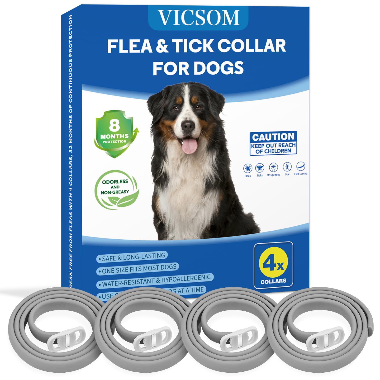 4 Pack Flea Collar for Dogs, Dog Flea and Tick Collar 8 Months Flea and Tick Prevention for Dog, Waterproof Adjustable Puppy Collar Natural Tick and Flea Collars for Small Medium Large Dogs, Grey