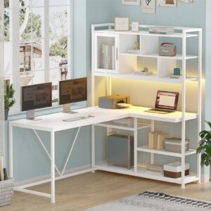 sedeta l shaped computer desk, 58'' office desk with led light and bookshelf, l shaped corner desk with storage shelves for home office, gaming desk, l desk, white