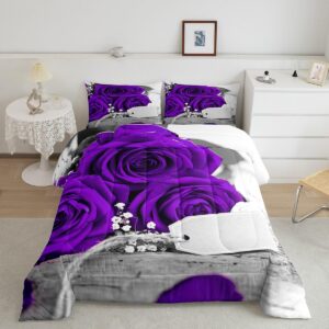 romantic rose comforter set queen, purple rose floral bedding set for kids teens adult romantic bedroom decor, rustic farmhouse flowers bedding comforter sets, elegant valentine decor down comforter