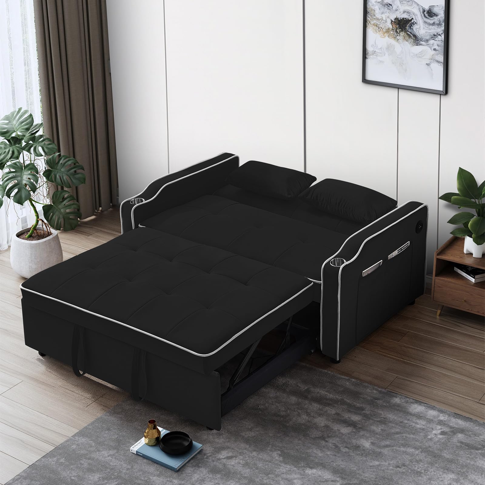 Velvet Pull Out Sleeper Sofa Bed with USB Ports, Convertible Futon Couch with Cup Holders and Pockets, 3 in 1 Modern Loveseat with Adjustable Backrest, Small Love Seat for Living Room, Office, Black