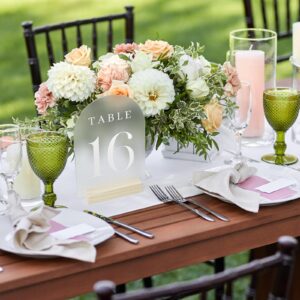 JINMURY Frosted Arch Wedding Table Numbers 1-15 with Wood Stands, 5x7" Frosted Acrylic Arch Signs and Wooden Base, Acrylic Table Numbers for Wedding (Frosted Table Numbers 1-15, 5"x7")