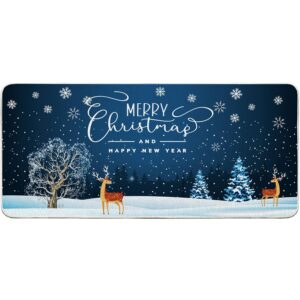 whomeaf merry christmas deer doormat winter blue sky snowflake xmas door mats entrance low profile non slip rug happy new year kitchen floor mat indoor outdoor for home decor 17x36 inch