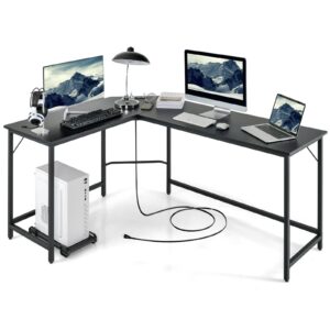 costway l-shaped desk with cpu stand, 66 inch wooden top space-saving corner desk w/metal frame, large computer gaming pc desk, writing table study desk for bedroom, study, office (black)