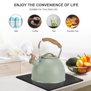 Tea Kettle, Vegoran 100 OZ / 3 Liter Whistling Tea Kettle, Tea Pots for Stove Top Food Grade Stainless Steel with Wood Pattern Folding Handle, Loud Whistle Kettle for Tea, Coffee, Milk (Green)