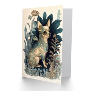 Artery8 Chihuahua Dog With Floral Pattern Fur Coat Modern Portrait in Flower Field Illustration Art Birthday Sealed Greeting Card Plus Envelope Blank inside