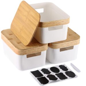 acdesign 3pcs plastic storage bins with bamboo lids stackable storage containers bins for organization with sticker and marker pen