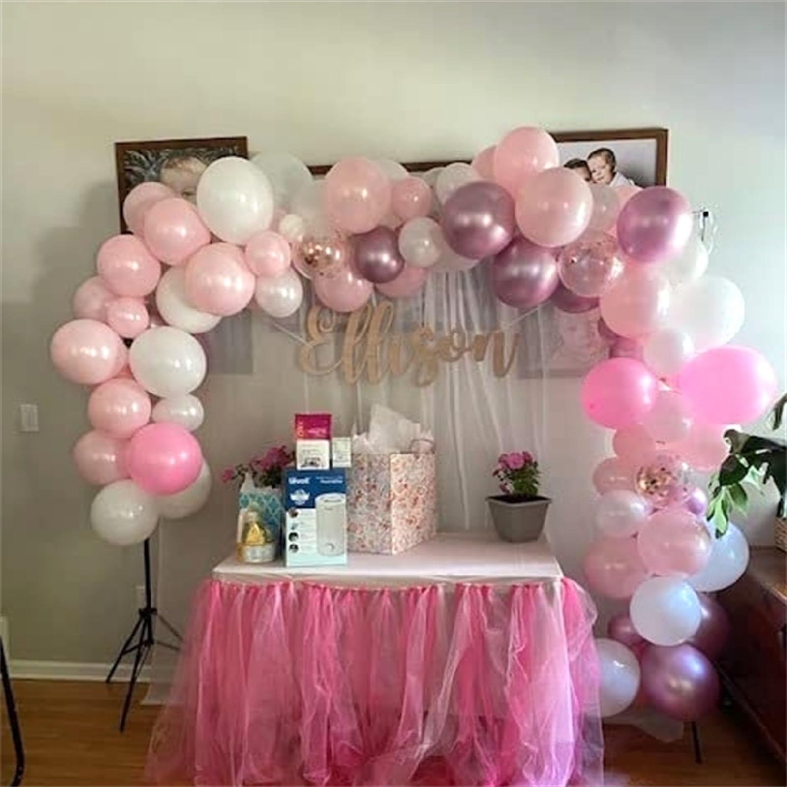 Pink White Balloon Arch Garland Kit, Metallic Pink Lilac Purple White Rose Gold Confetti Latex Balloons Garland Kit for Girls Women Birthday Wedding Bridal Baby Shower Princess Theme Party Decorations