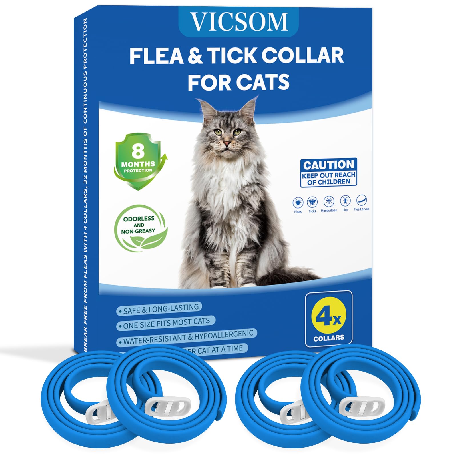 4 Pack Flea Collar for Cats, Cat Flea and Tick Collar 8 Months Prevention Cat Flea and Tick Treatment, Waterproof Adjustable Cat Flea Collar, Natural Anti Tick and Flea Collar for Kitten, Blue