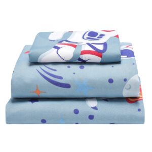 everyday kids blast off in outer space twin size bed sheet set for kids with galaxy design of rockets and ufos; boys 3-piece twin size sheets set includes flat sheet, fitted sheet and pillowcase