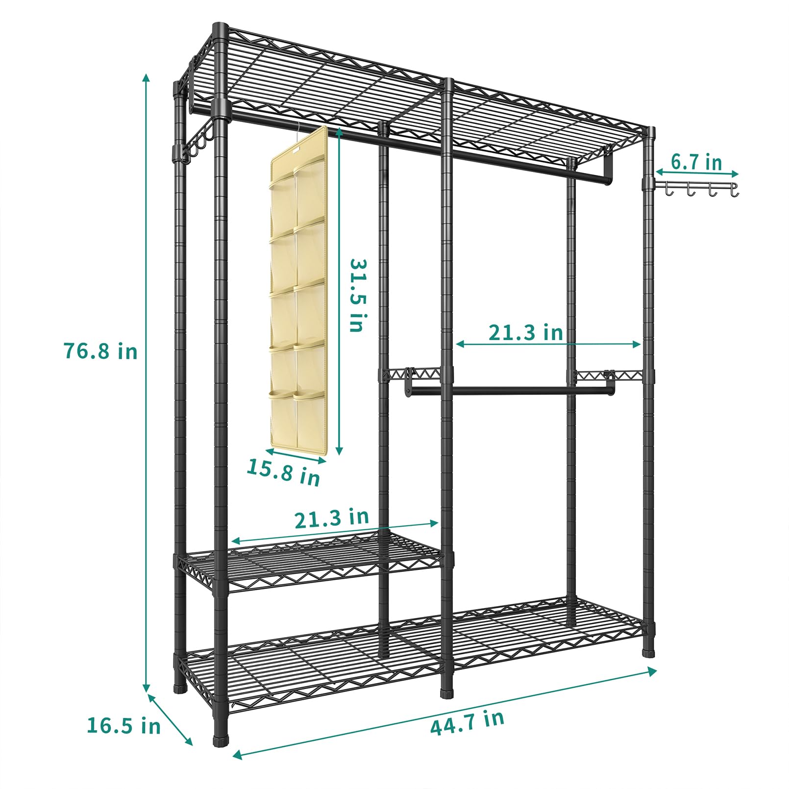 Exglobol Heavy Duty Garment Rack, Metal Closet Organizers and Storage, Wardrobe Clothing Racks for Hanging Clothes, 3 Tiers Adjustable Wire Shelving with 2 Hanger Rods and Side Hooks, Black