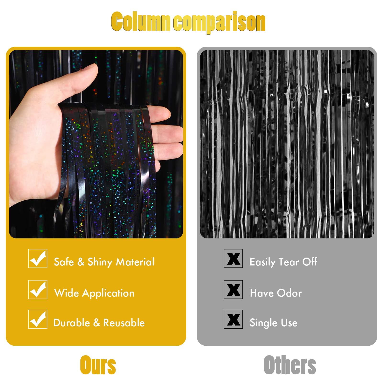 CANREVEL 2 Pack 3.3x8.2 Feet Laser Black Foil Fringe Backdrop Curtains, Tinsel Streamers Birthday Party Decorations, Fringe Backdrop for Graduation, Halloween, Happy New Year, Disco Party