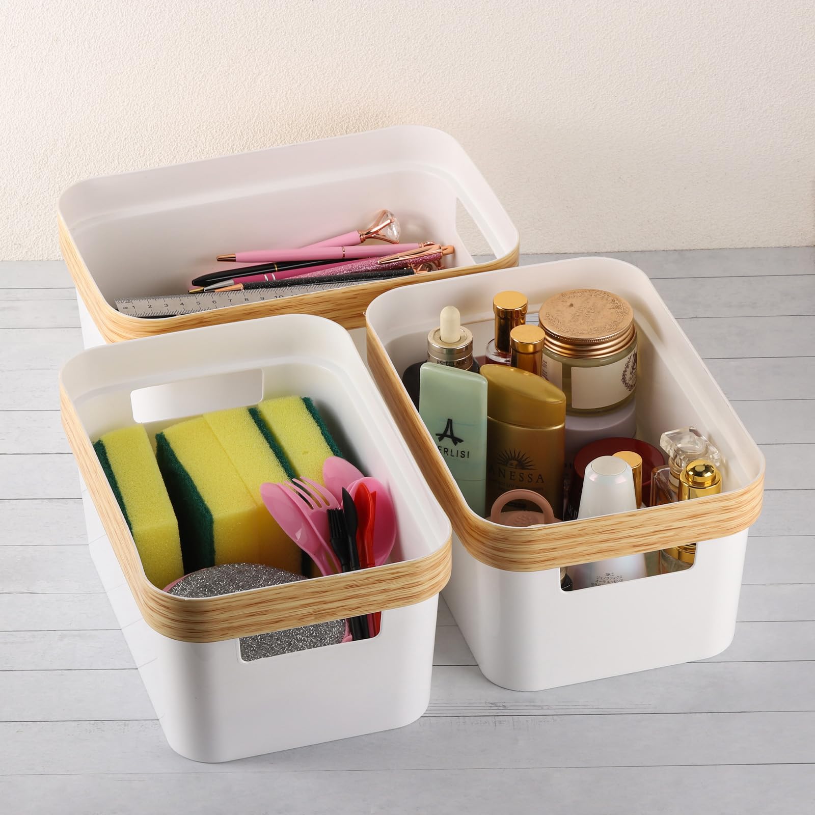 acDesign 3Pcs Plastic Storage Bins with Bamboo Lids Stackable Storage Containers Bins for Organization With Sticker and Marker Pen