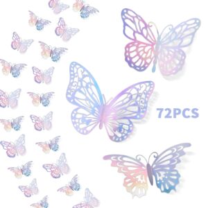 72pcs 3d laser silver butterfly wall decor, 3 styles 3 sizes, metallic butterfly wall stickers room mural, removable butterfly decorations for room, party, birthday, wedding, cakes, diy gift