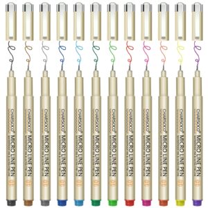 charsoco 01 micro pen, fine point pen with 12 colors, waterproof archival ink, 0.25mm fineliner ink pens for artist illustration, sketching, anime, manga, technical drawing and scrapbooking