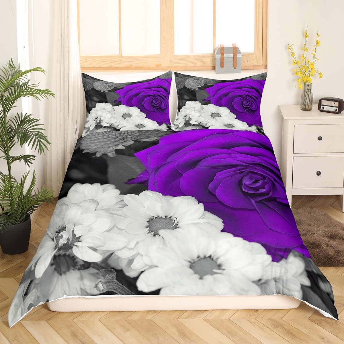 Rose Duvet Cover Queen Size, Purple Rose Floral Bedding Set, Romantic Flower Comforter Cover for Couple Lovers, Black Grey Blossom Quilt Cover, Garden Valentine Decor Bedspread Cover, 3Pcs