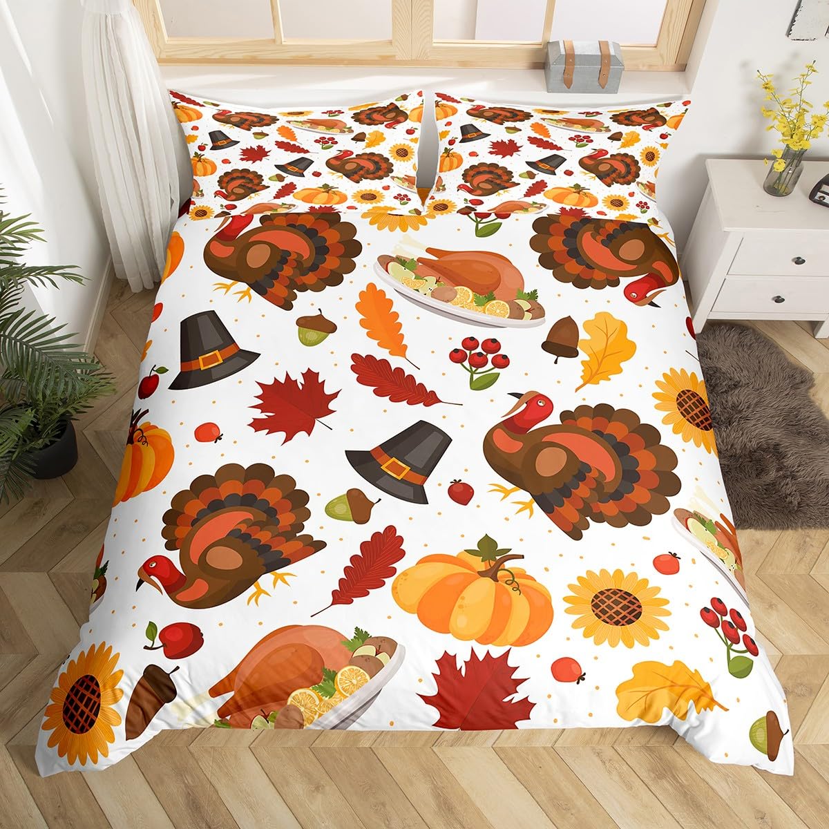 Thanksgiving Decor Bedding Duvet Cover Set Full Size Cute Turkey Bedding Set for Kids Decor Fall Pumpkin Comforter Cover Set Microfiber Pumpkin Maple Leaf Bedspread Cover Bedroom Bedclothes