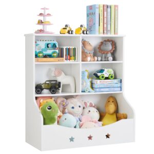 toymate kids toy storage organizer, children multi-functional bookcase and bookshelf, toddler 5 cubby toy storage cabinet, toy shelf for playroom, bedroom, living room, nursery, school (white)