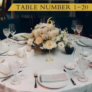 Therwen 20 Pcs Metal Table Numbers 1-20 Table Numbers for Wedding Reception 12 Inch Stainless Steel Party Table Number with Sturdy Holder Base for Banquet Wedding Party Event Catering (Gold)