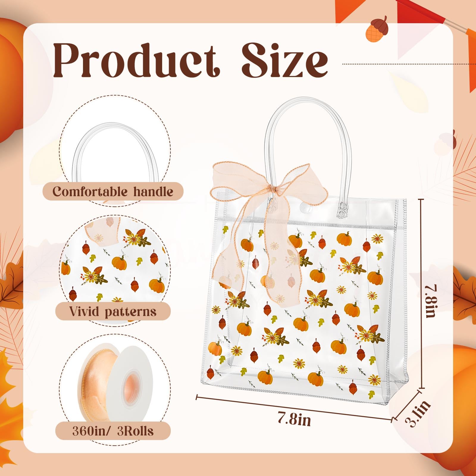 Paterr 24 Pcs Thanksgiving Clear Gift Bags with Handles Thanksgiving Gift Bags Fall Gift Bags Thanksgiving Treat Bags Pumpkin Gift Bags 7.87 x 7.87 x 3.15 Inches for Autumn Thanksgiving Party Supplies