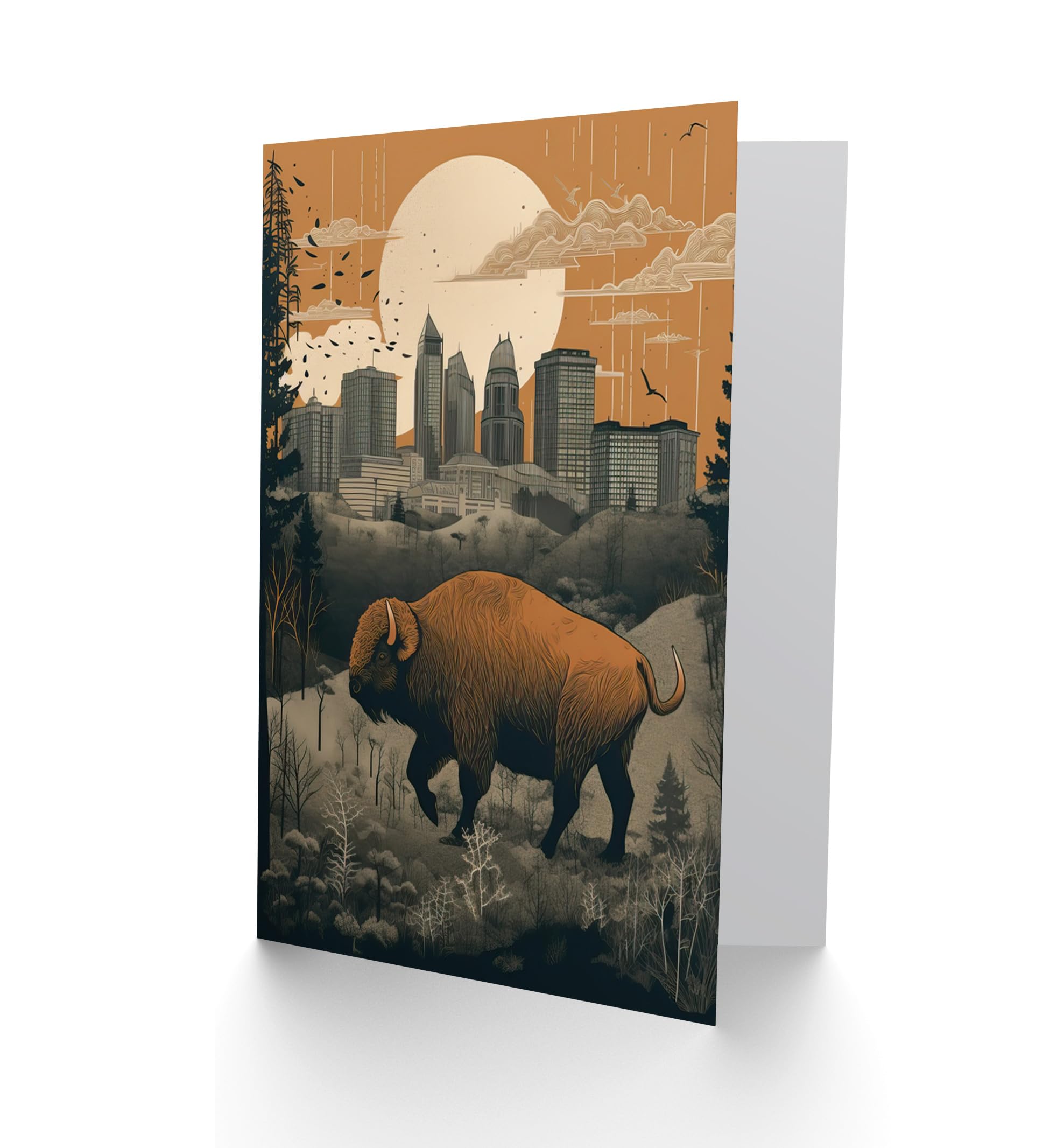 Artery8 Bison in Forest by Urban Cityscape Modern Linocut Travel Birthday Sealed Greeting Card Plus Envelope Blank inside