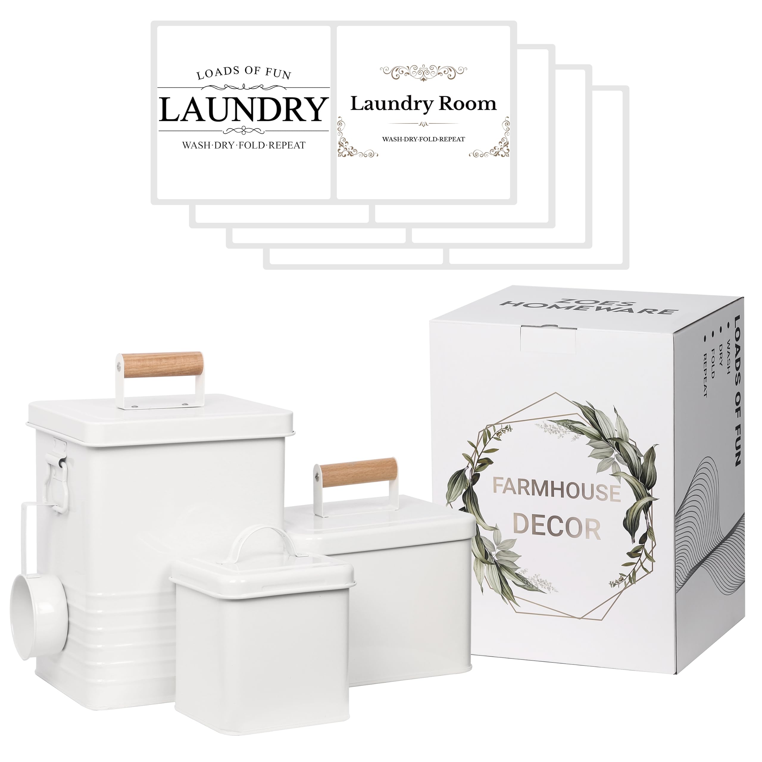 ZOES HOMEWARE 3-Set Laundry Room Organization and Storage | Modern Farmhouse Laundry Room Decor | Laundry Container for Organizing Laundry Pods, Laundry Powder, Dryer Sheets, Dryer Balls