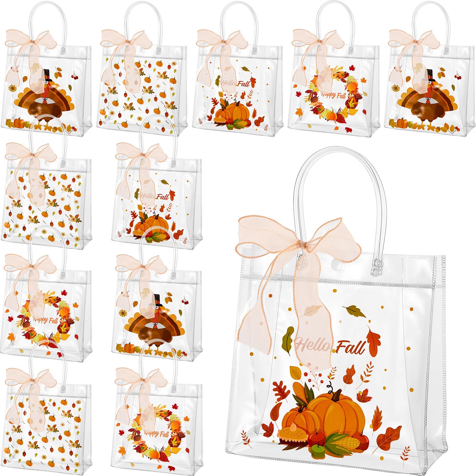 Paterr 24 Pcs Thanksgiving Clear Gift Bags with Handles Thanksgiving Gift Bags Fall Gift Bags Thanksgiving Treat Bags Pumpkin Gift Bags 7.87 x 7.87 x 3.15 Inches for Autumn Thanksgiving Party Supplies