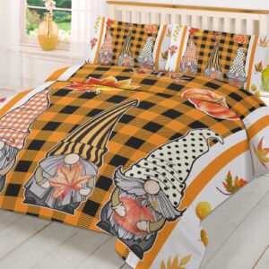 3 pieces bedding set queen size, fall gnomes soft duvet cover set comforter cover set with zipper closure all-season breathable bedding set thanksgiving orange black plaid autumn maple leaf pumpkin