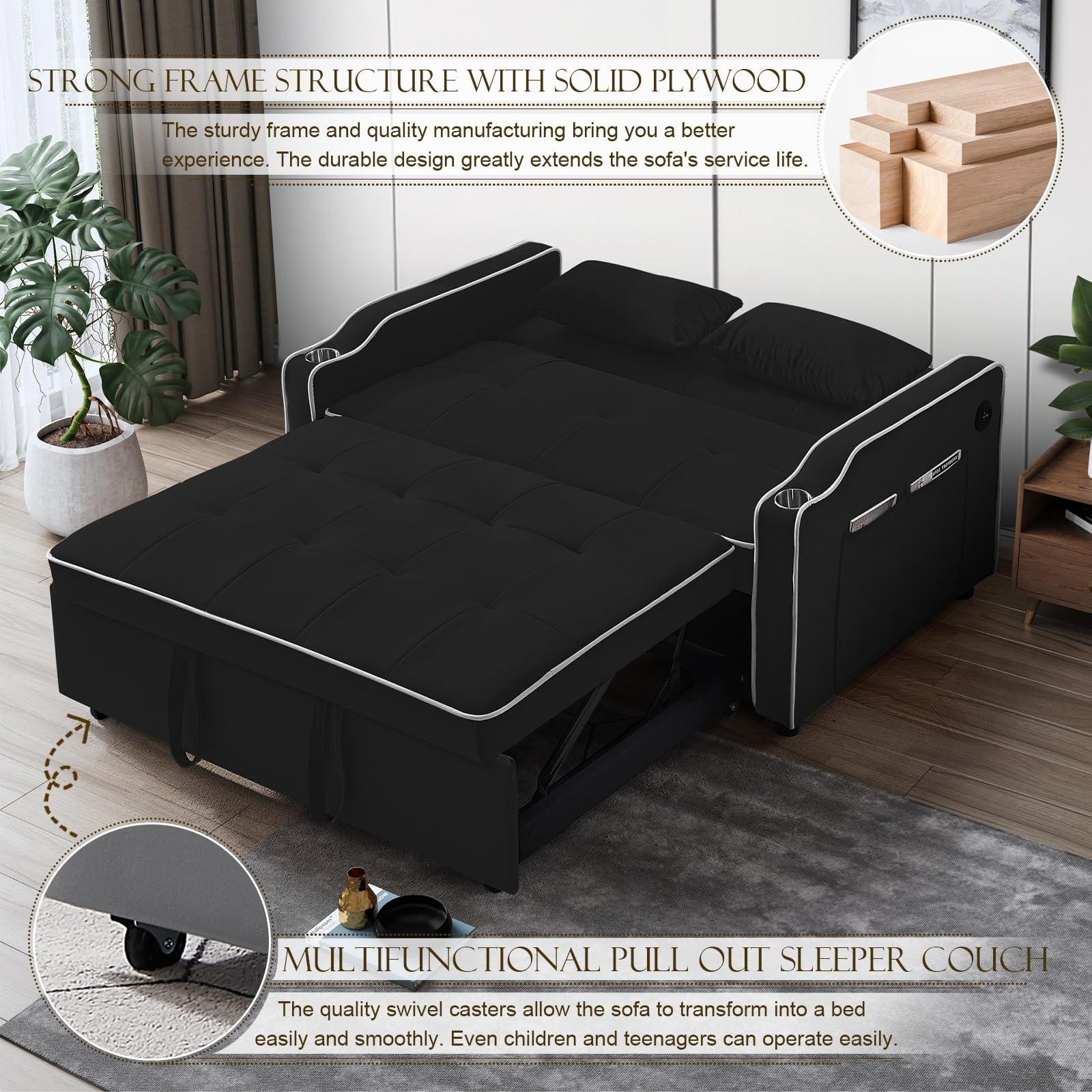 Velvet Pull Out Sleeper Sofa Bed with USB Ports, Convertible Futon Couch with Cup Holders and Pockets, 3 in 1 Modern Loveseat with Adjustable Backrest, Small Love Seat for Living Room, Office, Black