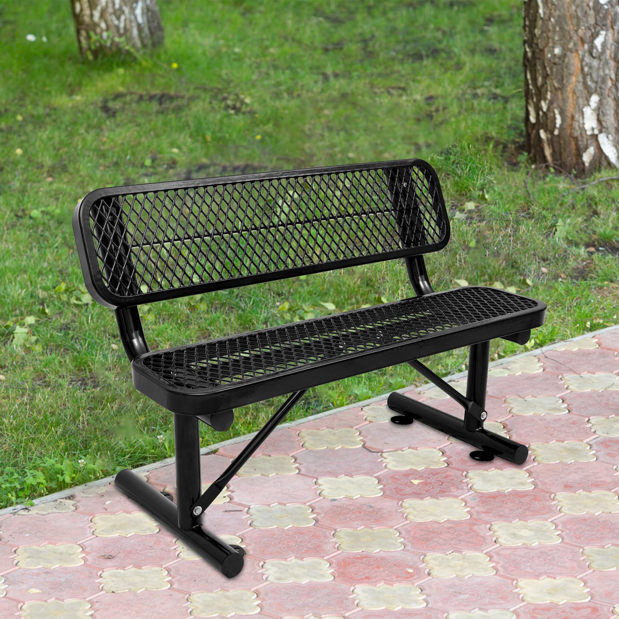 MTPLUM 4FT Outdoor Steel Bench with Backrest Park Metal Back Bench, Coated Outdoor Furniture Heavy Duty Park Bench with Back Patio Bench for Garden, Porch, and Park