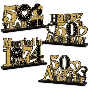 eiurteao 4 pieces 50th anniversary decorations married in 1974 wooden table sign, black gold happy 50 wedding anniversary table centerpieces party supplies, cheers to 50 year anniversary table decor