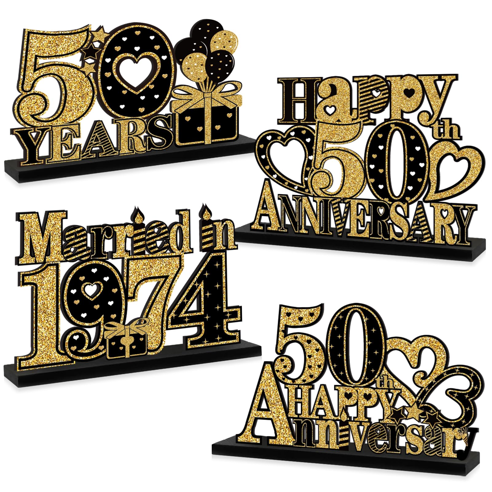 Eiurteao 4 Pieces 50th Anniversary Decorations Married in 1974 Wooden Table Sign, Black Gold Happy 50 Wedding Anniversary Table Centerpieces Party Supplies, Cheers to 50 Year Anniversary Table Decor