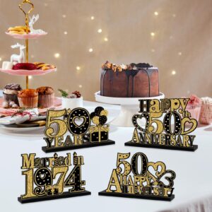 Eiurteao 4 Pieces 50th Anniversary Decorations Married in 1974 Wooden Table Sign, Black Gold Happy 50 Wedding Anniversary Table Centerpieces Party Supplies, Cheers to 50 Year Anniversary Table Decor