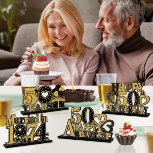 Eiurteao 4 Pieces 50th Anniversary Decorations Married in 1974 Wooden Table Sign, Black Gold Happy 50 Wedding Anniversary Table Centerpieces Party Supplies, Cheers to 50 Year Anniversary Table Decor