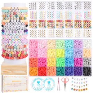 friendship bracelet kit with 28 colors, 5040 clay beads, 1200 letter beads for jewelry making - 4 styles of round alphabet, number, heart & pattern beads