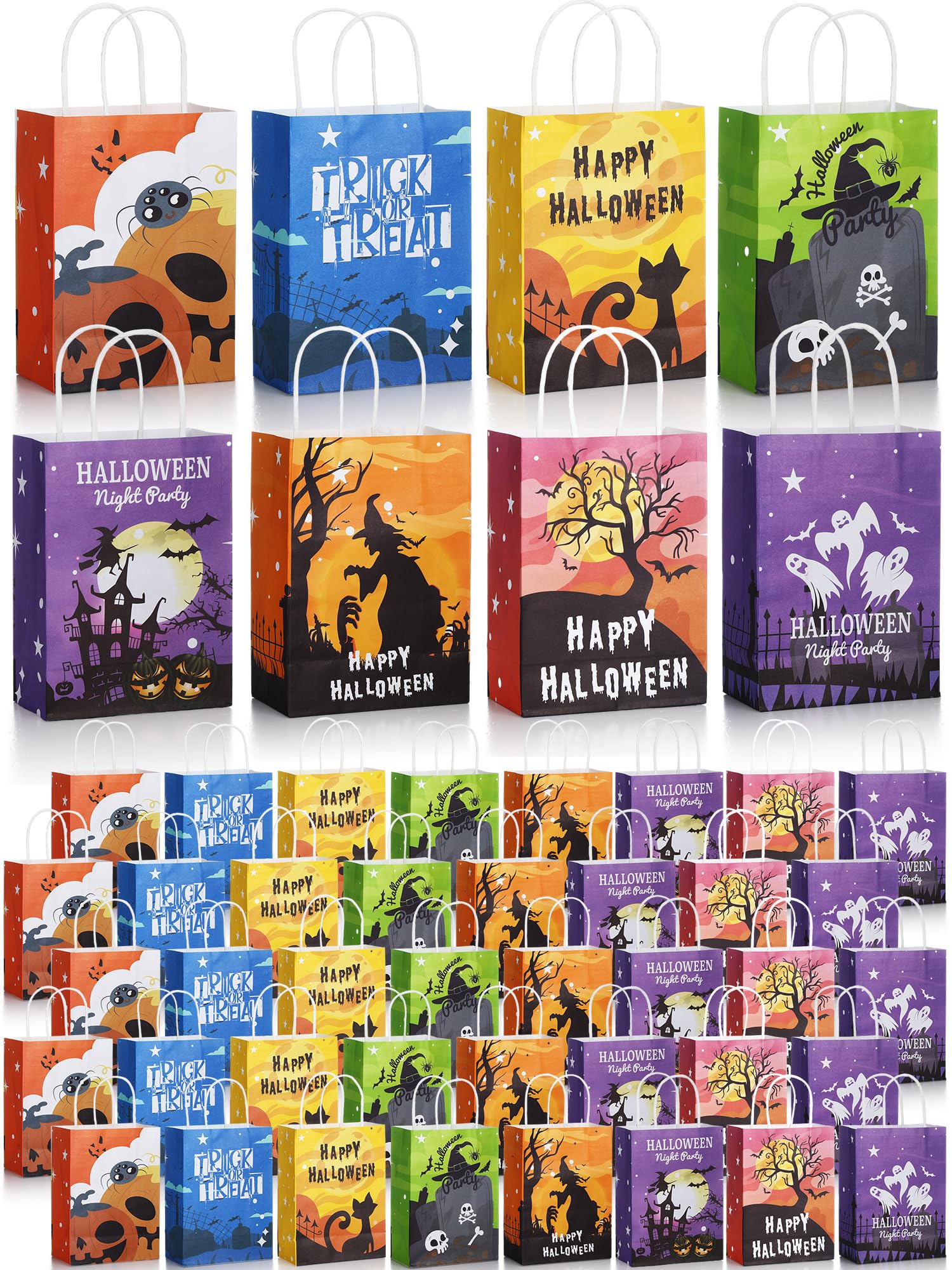 Qilery 48 Pieces Halloween Treat Bags with Handles Kraft Paper Halloween Candy Bags for Kid Goodie Snack Trick or Treating Party Bulk Supplies, 8 Patterns