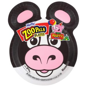 hefty zoo pals party edition paper plates for kids, assorted animal designs, 7.75 inches with two dipping compartments, 20 count