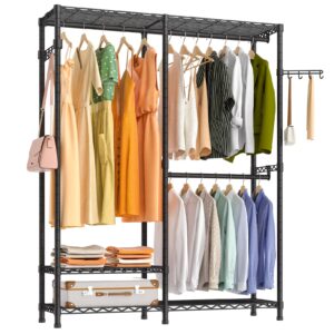 exglobol heavy duty garment rack, metal closet organizers and storage, wardrobe clothing racks for hanging clothes, 3 tiers adjustable wire shelving with 2 hanger rods and side hooks, black