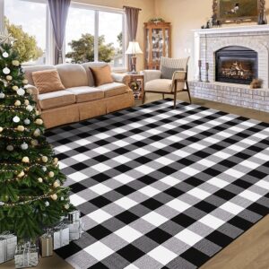 hoyija black and white checkered area rug 5.5' x 7.5' buffalo plaid rug, cotton woven washable check rug for indoor and outdoor, dining room, bedroom, living room, kitchen, (black & white)