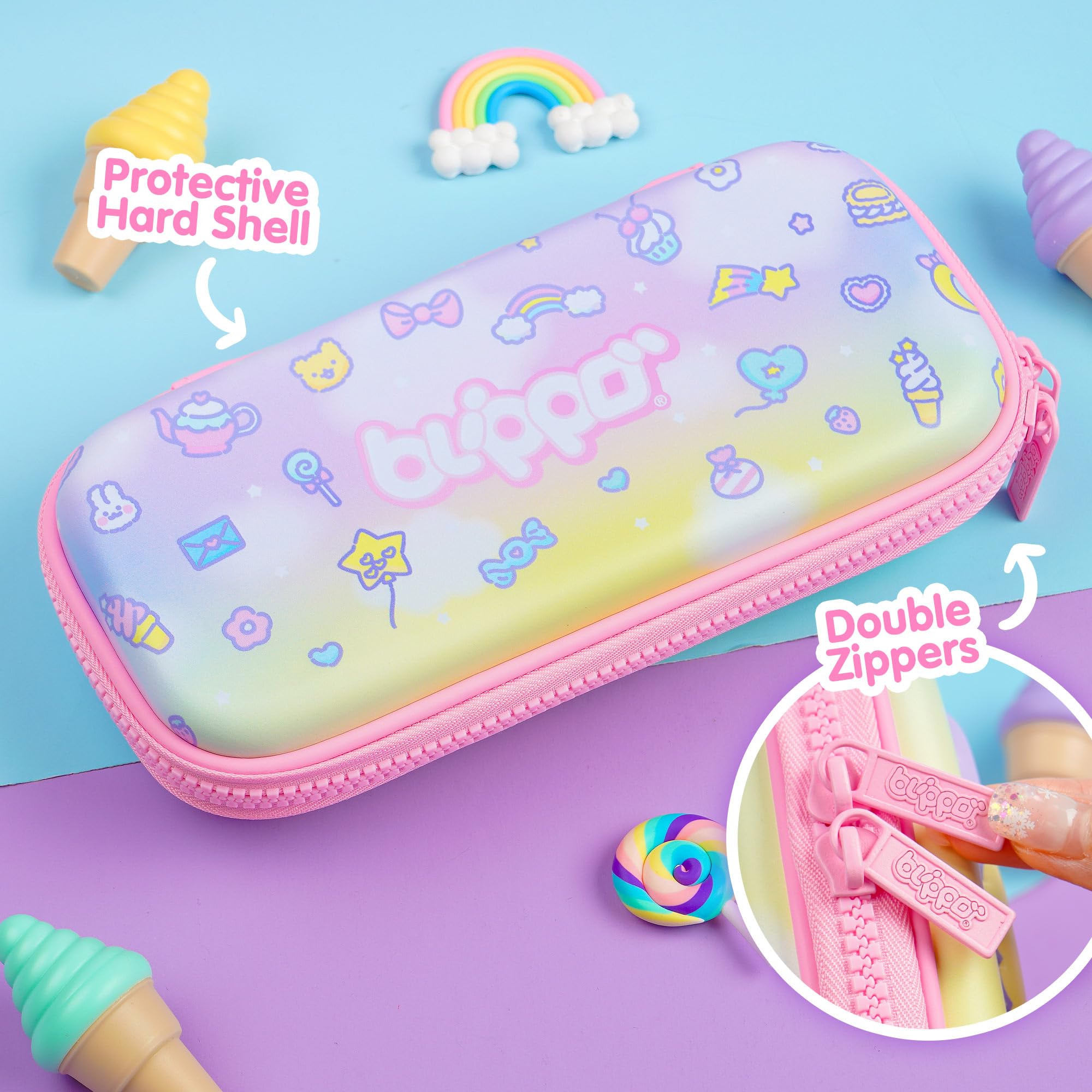 Blippo® Cute Pencil Case for Girls - Kawaii Pencil Case for Kids - Protective Hard Shell Pencil Box for Girls aged 7-10 - Small Pink Pencil Case Organizer with Rainbow Design