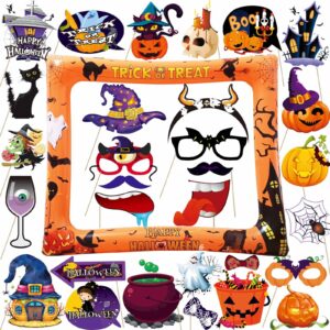 halloween party photo booth props frame, lmshowowo giant halloween inflatable selfie photo frame, with 30 pcs funny halloween photo booth props for men women halloween party decoration supplies