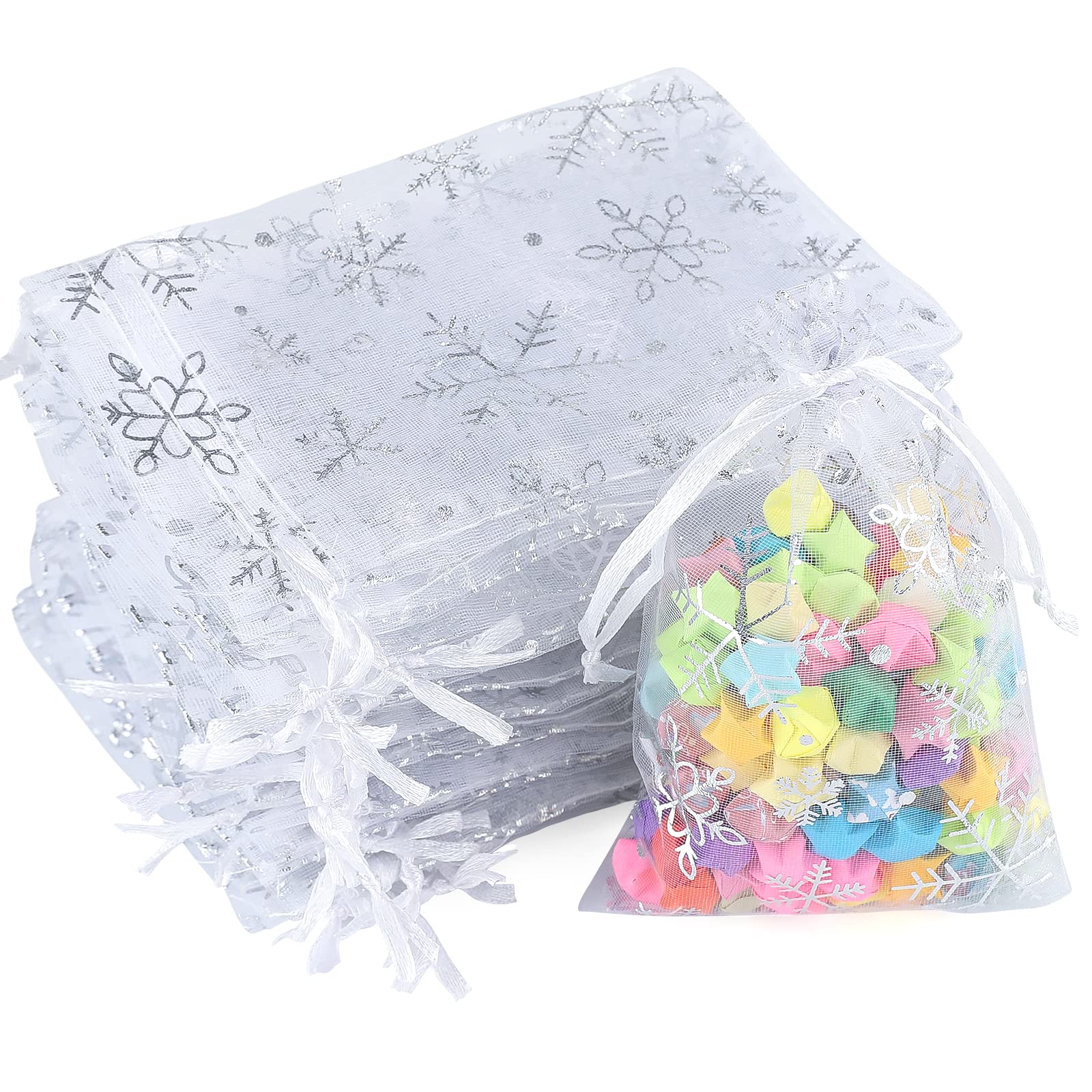 jijAcraft 50PCS White Christmas Organza Bags - 4x6 inch Snowflake Bags for Christmas, Xmas Favor Bags with Drawstring - Sheer Organza Bags for Christmas, Winter Party Gift, Jewelry Bags