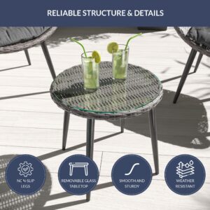 BELLEZE 3 Piece Modern Rattan Patio Bistro Set with Round Chairs and Glass Top Accent Table, Wicker Outdoor Conversation Set for Backyard or Porch - Hitia (Grey)