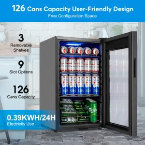 Beverage Refrigerator 17 inch Wide - 126 Can Beverage Cooler with Glass Door | Counter-Top/Freestanding Mini Beverage Beer Fridge | Temperature Memory | Invisible Door | Perfect for Soda, Beer