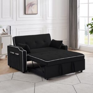 velvet pull out sleeper sofa bed with usb ports, convertible futon couch with cup holders and pockets, 3 in 1 modern loveseat with adjustable backrest, small love seat for living room, office, black