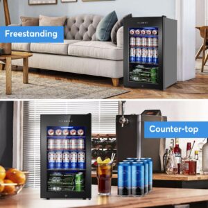 Beverage Refrigerator 17 inch Wide - 126 Can Beverage Cooler with Glass Door | Counter-Top/Freestanding Mini Beverage Beer Fridge | Temperature Memory | Invisible Door | Perfect for Soda, Beer