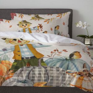 California King Duvet Cover Set Thanksgiving Scarecrow Autumn Pumpkins and Maple Leafs Comforter Cover Set Zipper Closure Washable Bedding Set with 1 Duvet Cover and 2 Pillow Shams for Women and Men