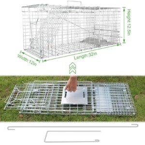 32" Live Animal Cage Trap, Humane Cat Trap Galvanized Iron,Heavy Duty Folding Animal Trap with Handle for Rabbits, Stray Cats, Raccoons,Groundhogs and Opossum(32 * 12 * 12.5inch)